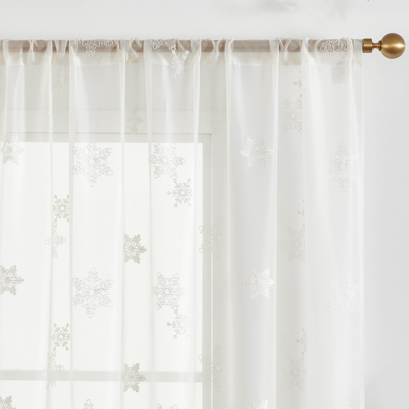 jinchan Christmas Curtains White Snowflake Embroidered Sheer Curtains 84 Inch Length Light Filtering Xmas Backdrop Window Curtains for Living Room 2 Panels Set Bedroom Rod Pocket Curtains