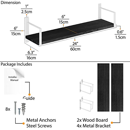 Wallniture Toledo 24" Floating Shelves for Living Room Decor Wall Shelves for Bedroom, Bathroom Organizer & Kitchen Organization Black Bookshelf Set of 2 Wood