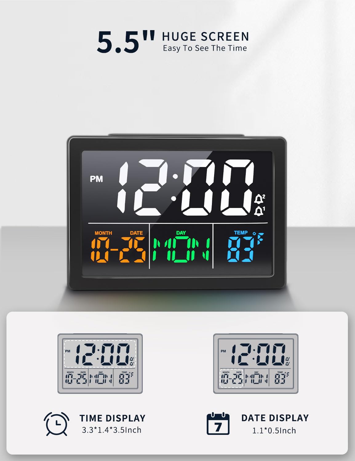 Digital Alarm Clock, with 5.5" Large LED Time Display, Adjustable Alarm Volume, 6 Level Brightness, Alarm Settings, USB Charger, Temperature Detect, Snooze, Clocks for Bedroom, Bedside, Desk, Black