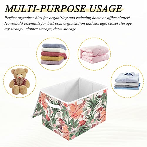 Kigai Palm Flower Storage Basket 16.5x12.6x11.8 In Collapsible Fabric Storage Cubes Organizer Large Storage Bin with Lids and Handles for Shelves Bedroom Closet Office