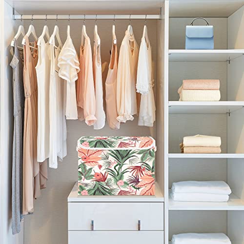 Kigai Palm Flower Storage Basket 16.5x12.6x11.8 In Collapsible Fabric Storage Cubes Organizer Large Storage Bin with Lids and Handles for Shelves Bedroom Closet Office