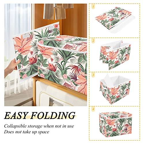 Kigai Palm Flower Storage Basket 16.5x12.6x11.8 In Collapsible Fabric Storage Cubes Organizer Large Storage Bin with Lids and Handles for Shelves Bedroom Closet Office