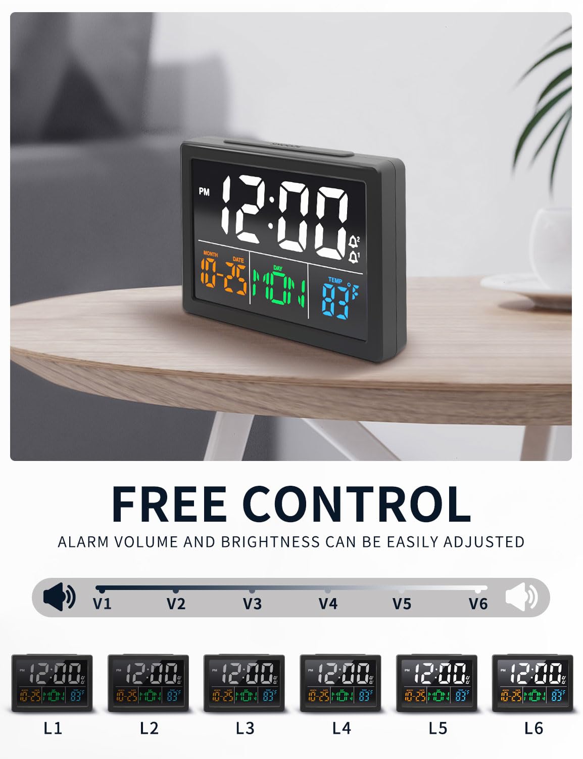 Digital Alarm Clock, with 5.5" Large LED Time Display, Adjustable Alarm Volume, 6 Level Brightness, Alarm Settings, USB Charger, Temperature Detect, Snooze, Clocks for Bedroom, Bedside, Desk, Black