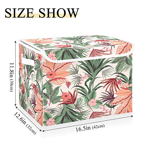 Kigai Palm Flower Storage Basket 16.5x12.6x11.8 In Collapsible Fabric Storage Cubes Organizer Large Storage Bin with Lids and Handles for Shelves Bedroom Closet Office