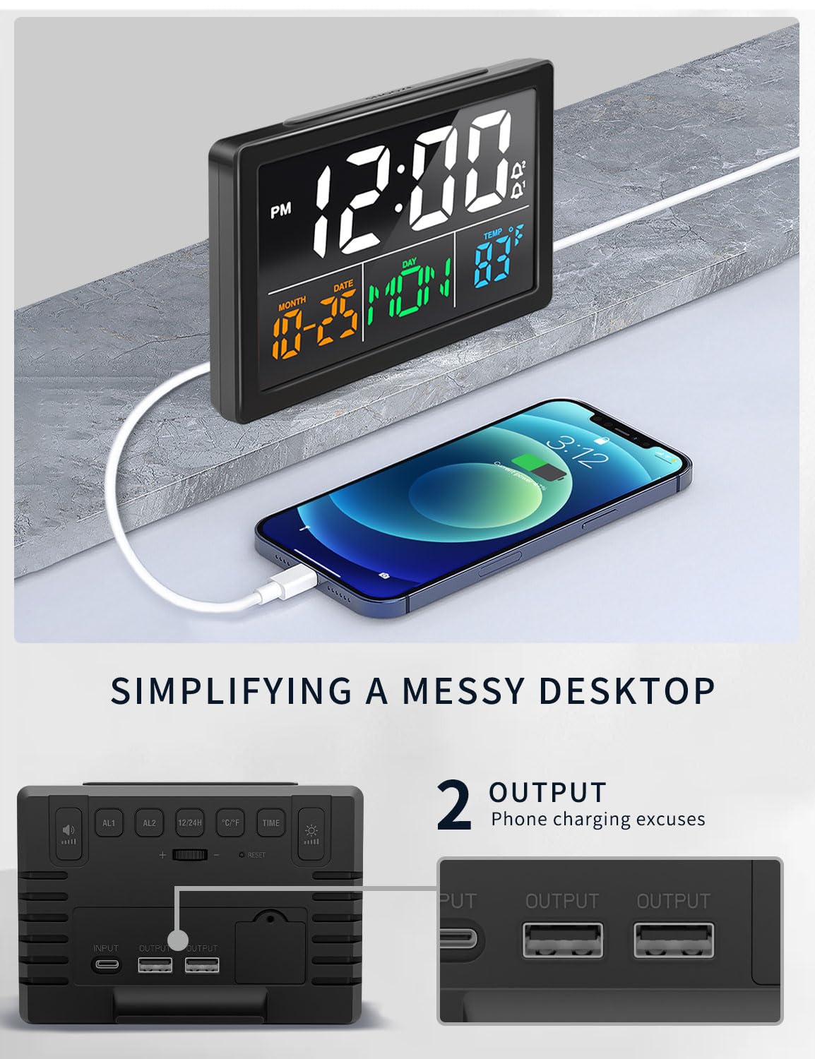 Digital Alarm Clock, with 5.5" Large LED Time Display, Adjustable Alarm Volume, 6 Level Brightness, Alarm Settings, USB Charger, Temperature Detect, Snooze, Clocks for Bedroom, Bedside, Desk, Black