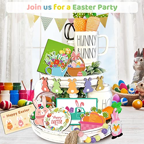 15Pcs Easter Tiered Tray Decor, Lucomb Easter Decorations Happy Easter Wood Signs Truck Full of Eggs, Farmhouse Signs Carrot Egg Bunny Decor for Easter Day Home Farmhouse Rustic Spring Decorations
