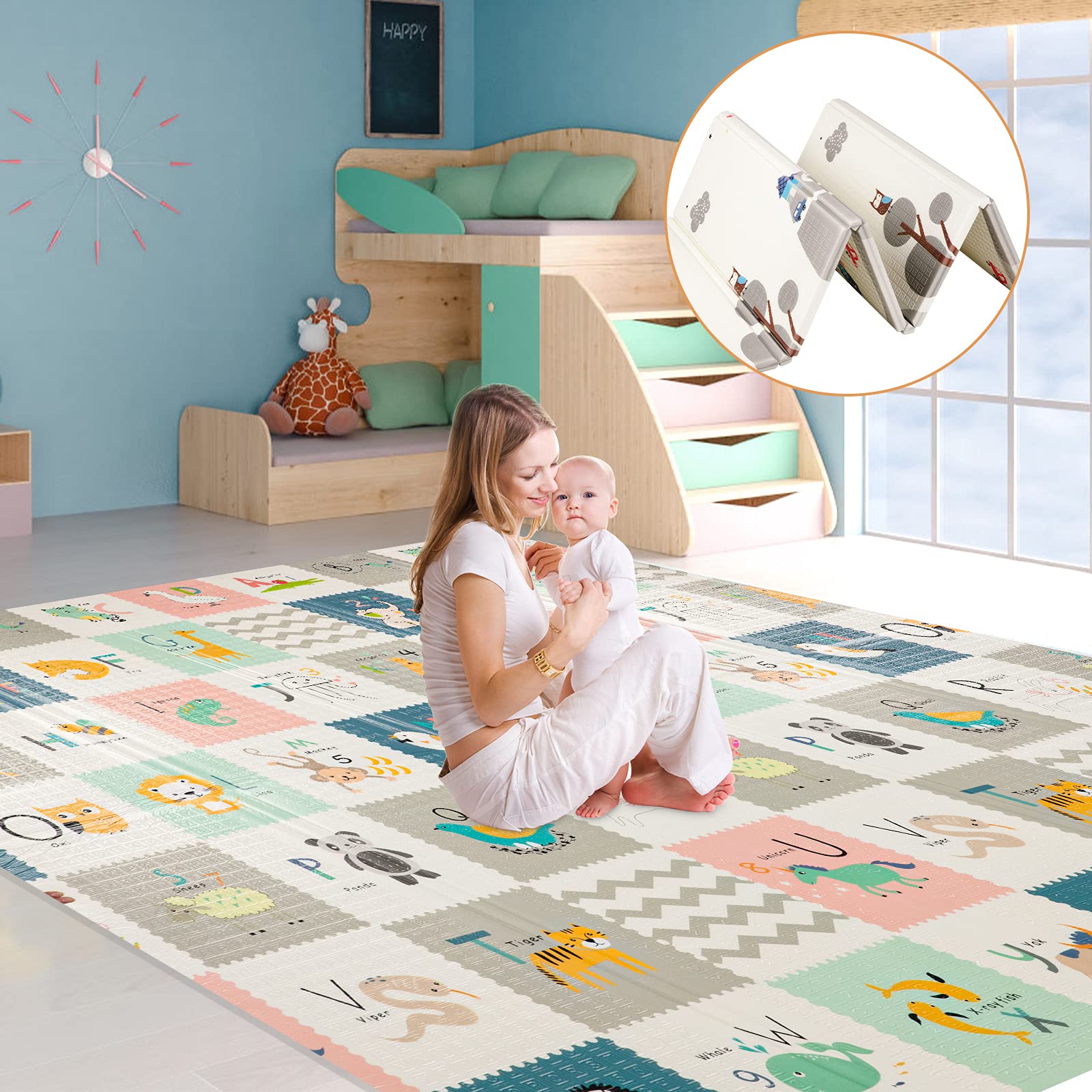 Sensory & Learning Baby Play Mat,Extra Large Baby Crawling mat,Waterproof & Foldable,Reversable Baby Floor Mat (Letter)