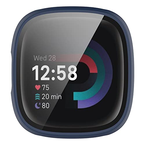 Screen Protector Compatible for Fitbit Versa 4/Sense 2 Watch Case, Tempered Glass Ultra-Thin Full-Coverage Shockproof Bumper (3 Pack A)