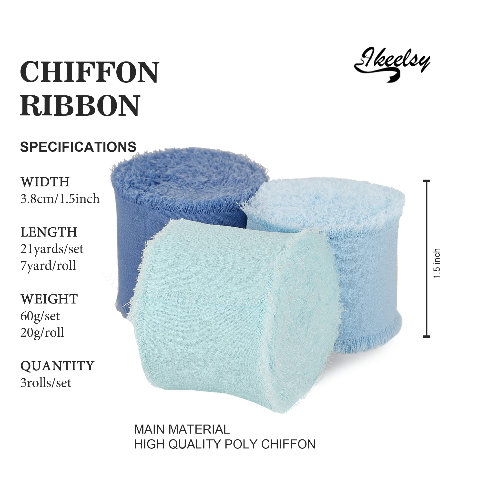 Chiffon Ribbon Fringe Gift Ribbon 3 Rolls 1.5" Wide x 7 Yd Dusty Bule Ribbons Set for Wedding Decor, Gift Wrapping, Bridal Bouquets, Handmade Crafts