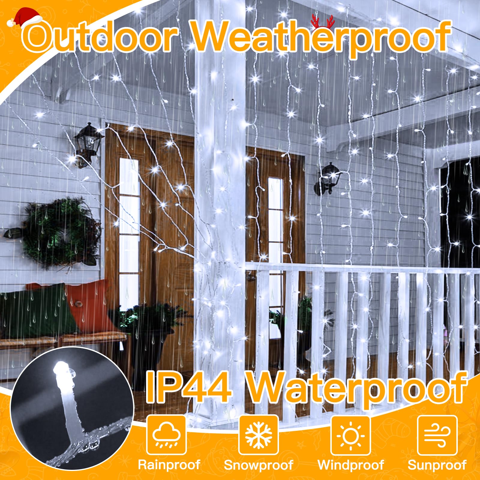Ollny 300 LED 9.8ftx9.8ft Outdoor Waterproof Christmas Curtain Lights with Remote Timer 8 Modes, USB Powered, Cool White