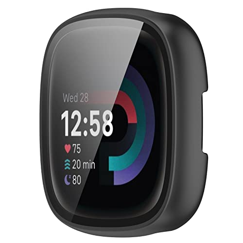 Screen Protector Compatible for Fitbit Versa 4/Sense 2 Watch Case, Tempered Glass Ultra-Thin Full-Coverage Shockproof Bumper (3 Pack A)
