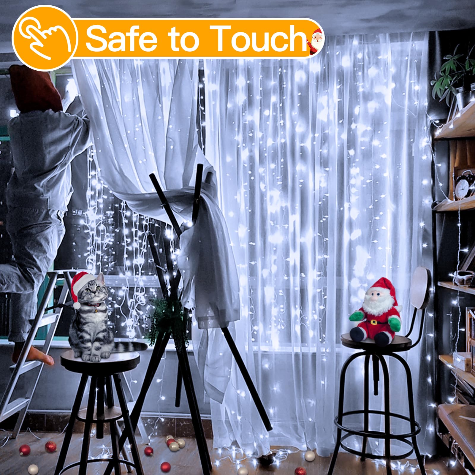 Ollny 300 LED 9.8ftx9.8ft Outdoor Waterproof Christmas Curtain Lights with Remote Timer 8 Modes, USB Powered, Cool White