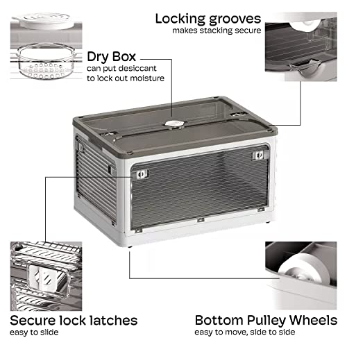 WYZworks 3 Pack Collapsible Storage Boxes with 5 sides Opening - Foldable Stackable Plastic Storage Box Tote w/Wheels Designed for Clothing, Snack Pantry, Toys, Side Latching Locks - 42L - White