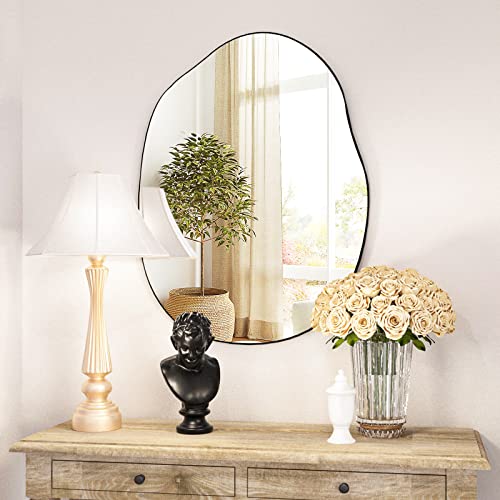 HARRITPURE Irregular Wall Mirror 22"x32" Black Asymmetrical Bathroom Mirror Wood Framed Modern Decorative Vanity Mirrors for Bedroom Living Room Entryway