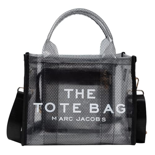 knzdvoy Mesh Tote Bag for Women, Large Satchel Tote Bag for Summer Beach Bags Fashion Clear Tote Bag Messenger Bag (10.6'' L X 8.3'' H X 4.1'' T,black)