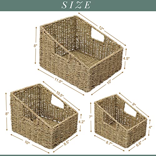 LOVSTORAGE Seagrass Wicker Storage Baskets, Hand-Woven Shelf Baskets with Handles, Nesting Wicker Basket Sets Woven Storage Baskets for Shelves, 3-Pack