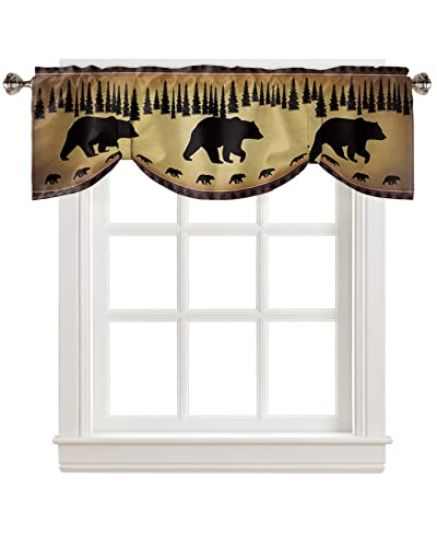Black Bear Tie Up Valances for Windows, Cabin Forest Farm Backdrop Adjustable Valance Curtain for Living Room/Bedroom, Vintage Rod Pocket Kitchen Curtains Shade, 1 Panel 54 x 18 in
