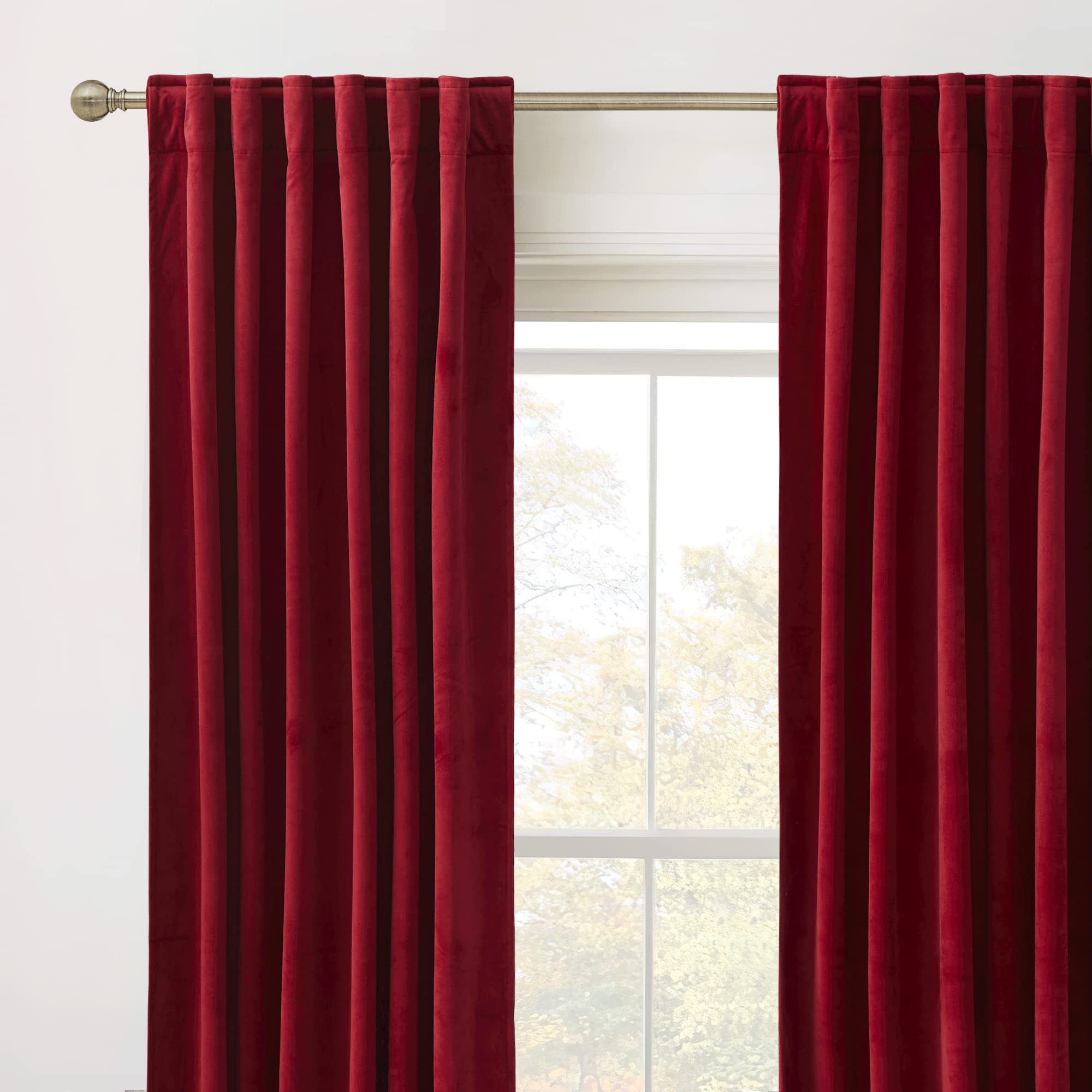 RYB Home Velvet Curtains for Bedroom - Light & Heat Block Back Tabs Window Treatment Energy Efficient Privacy Protection Drapes for Party Backdrop,Film Room, Ruby Red, W52 x L96 inches, 2 Panels