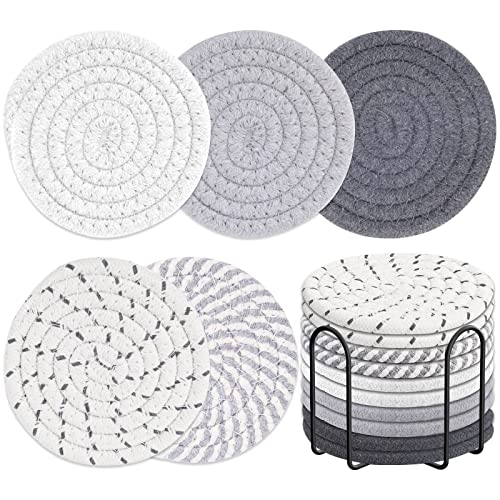 10 Pieces Coasters for Drink Absorbent, Billbotk 5 Colors Drink Coasters with Holder, Woven Coasters Set for Coffee Table, Wooden Table Decor, Home Decor, 4.3 Inches