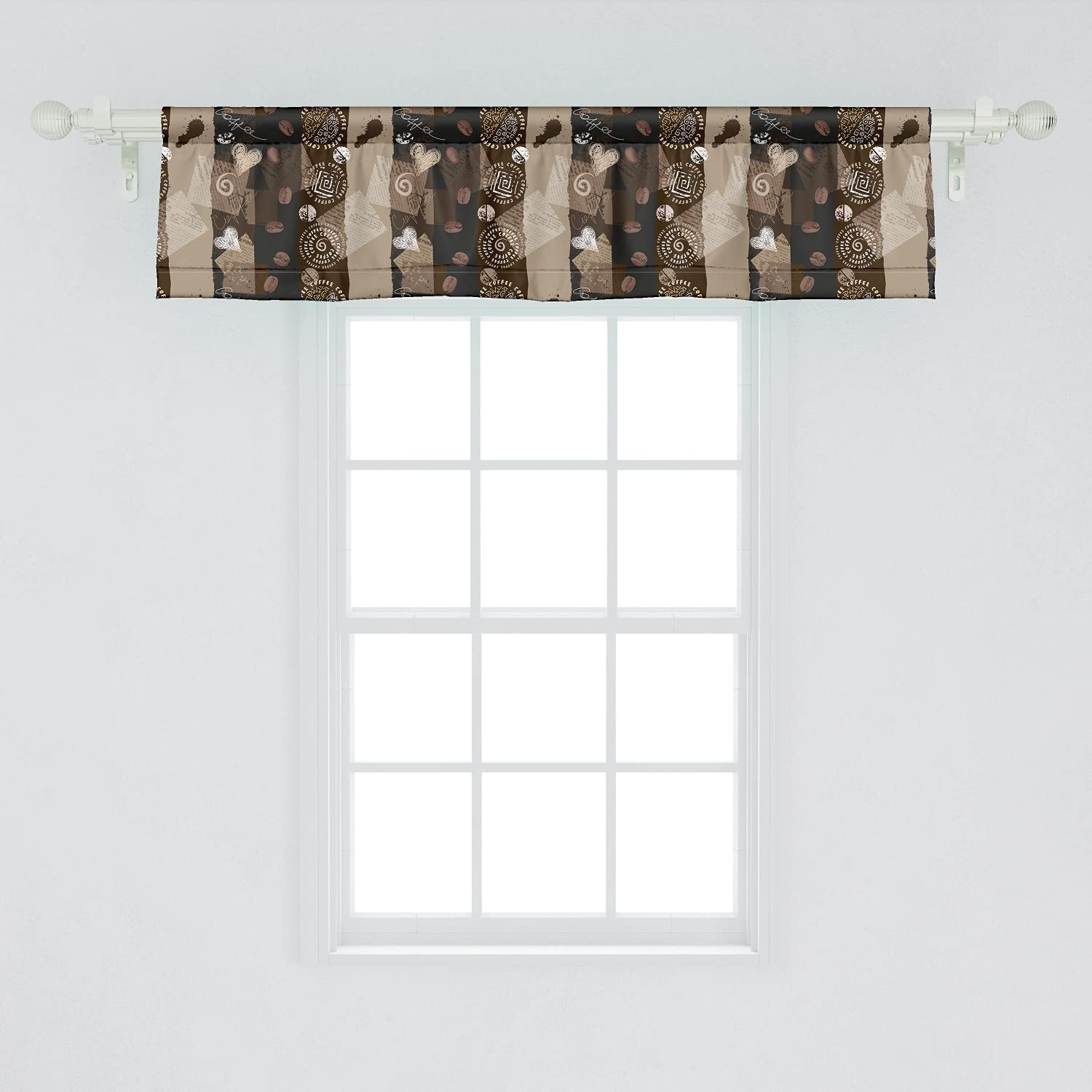 Ambesonne Brown Window Valance, Coffee Typography Hearts and Beans on Abstract Striped Grungy Backdrop in Brown Tones, Rod Pocket Curtain Valances for Kitchen Bedroom, 54" X 12", Dark Brown