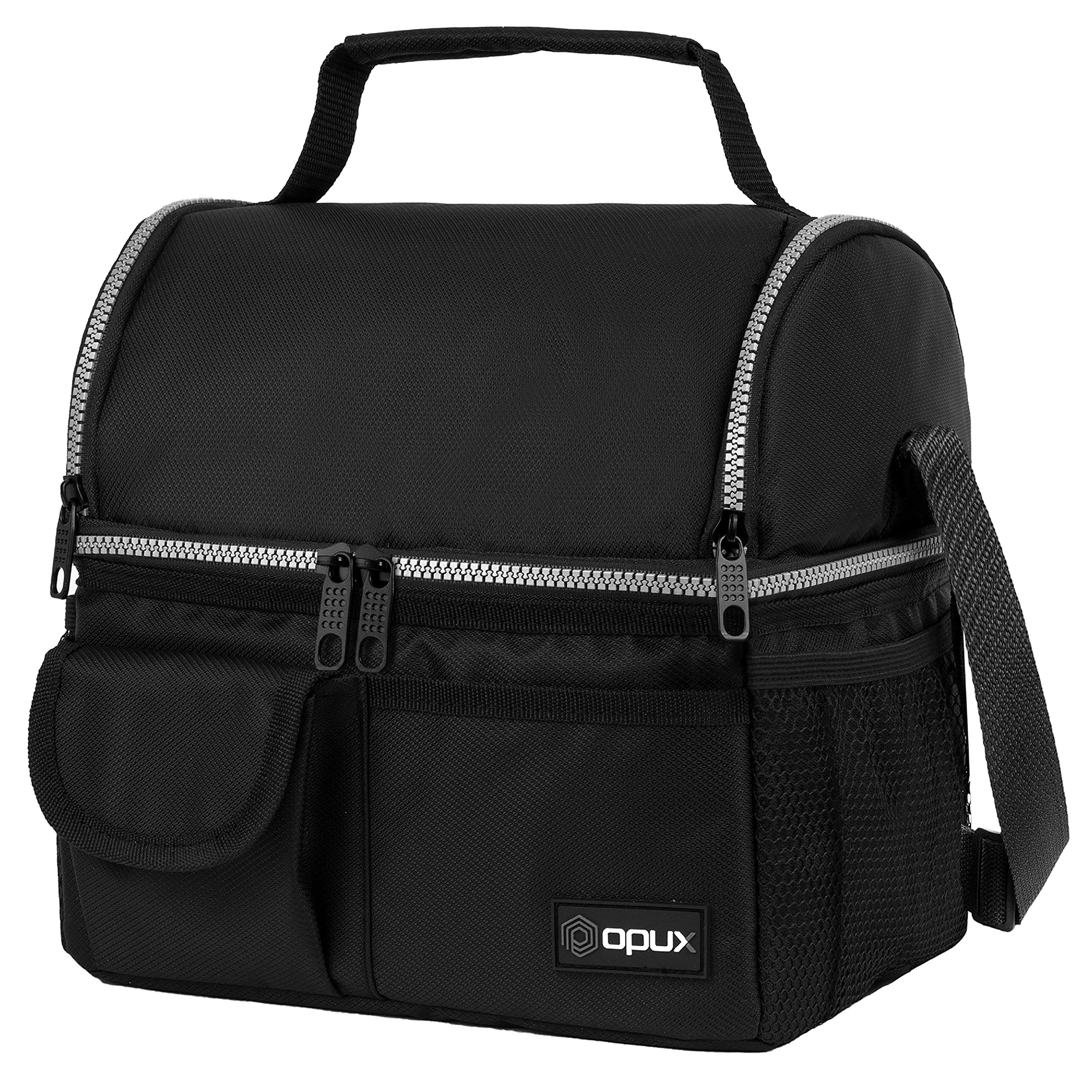 opux Insulated Dual Compartment Lunch Bag for Men, Women | Double Deck Reusable Lunch Pail Cooler Bag, Soft Leakproof Liner | Large Lunch Box Tote for Work, School (Black)
