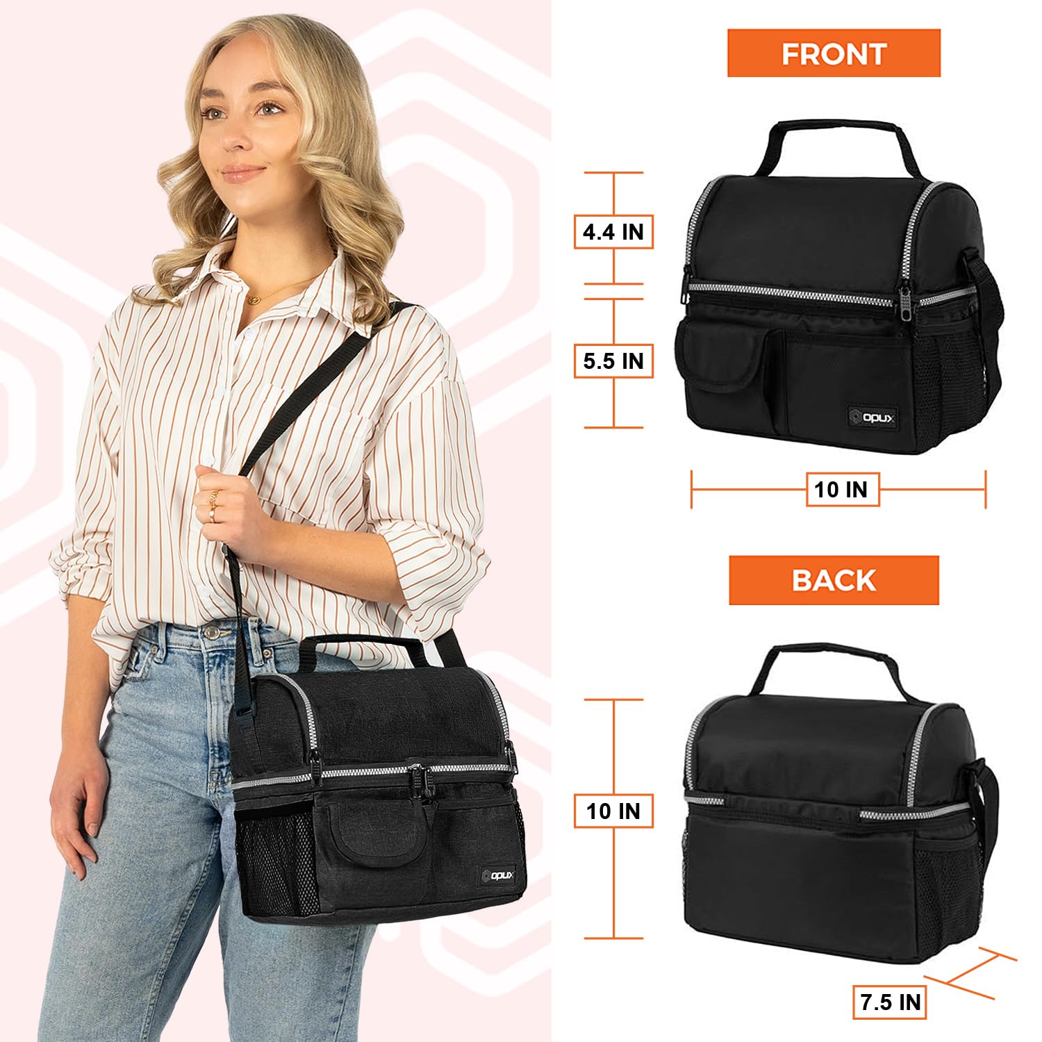 opux Insulated Dual Compartment Lunch Bag for Men, Women | Double Deck Reusable Lunch Pail Cooler Bag, Soft Leakproof Liner | Large Lunch Box Tote for Work, School (Black)