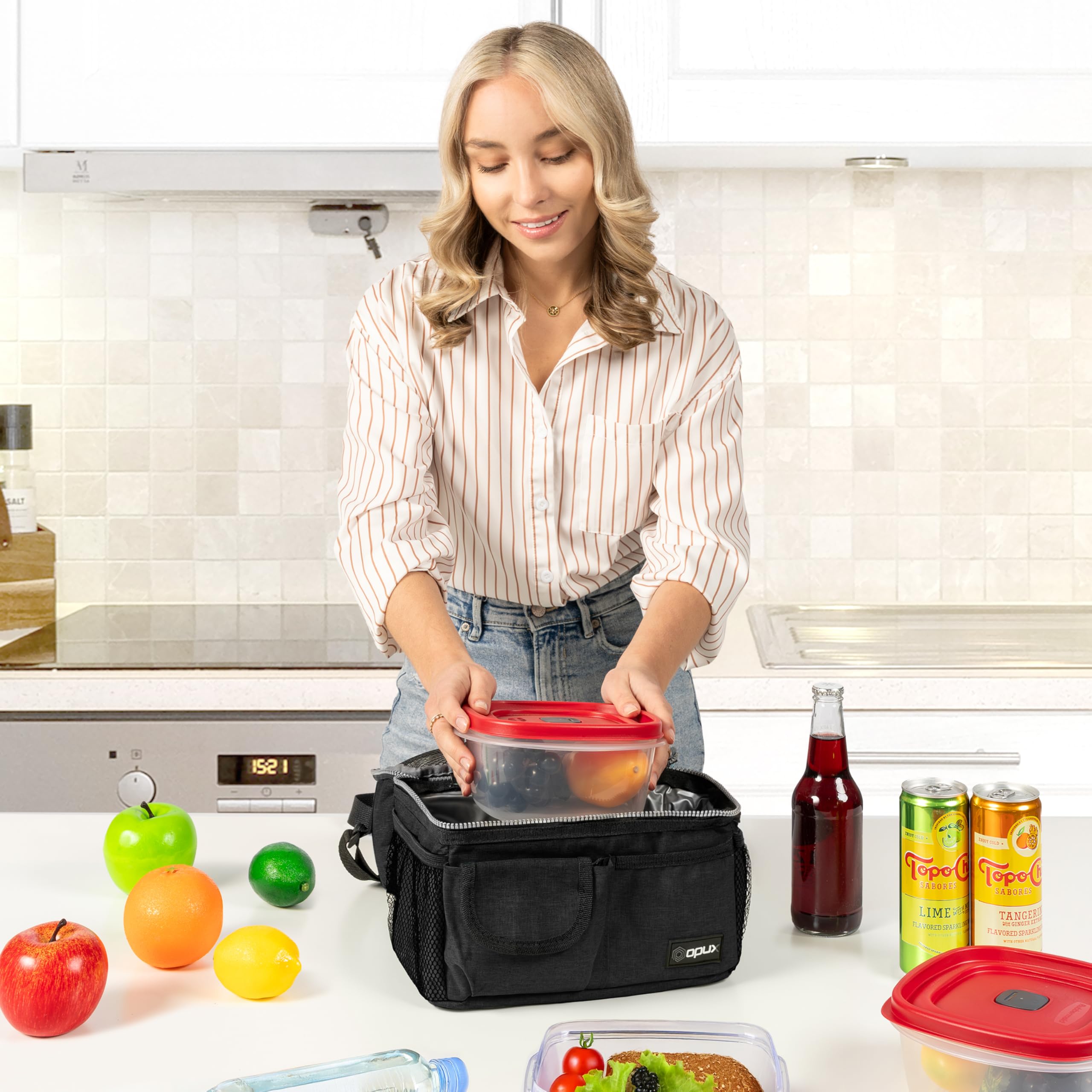 opux Insulated Dual Compartment Lunch Bag for Men, Women | Double Deck Reusable Lunch Pail Cooler Bag, Soft Leakproof Liner | Large Lunch Box Tote for Work, School (Black)
