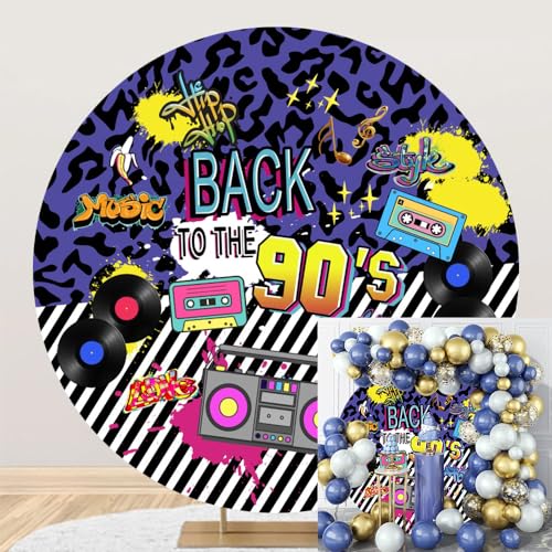AWERT Polyester Diameter 7ft Round Back to The 90's Backdrop Retro Colorful Graffiti Hip Hop Old Radio Black White Stripes Photo Background 90's Theme Birthday Party Discos Ball Decoration