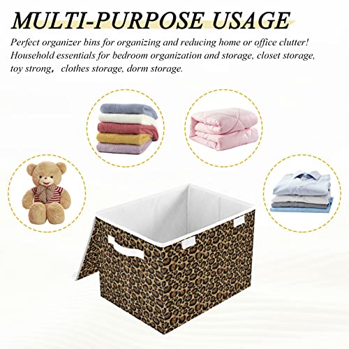 DOMIKING Fashion Leopards Large Storage Bin with Lid Collapsible Shelf Baskets Box with Handles Toys Organizer for Nursery Drawer Shelves Cabinet
