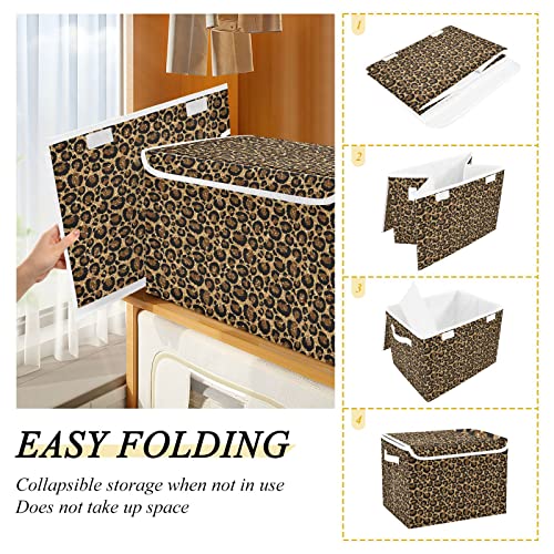 DOMIKING Fashion Leopards Large Storage Bin with Lid Collapsible Shelf Baskets Box with Handles Toys Organizer for Nursery Drawer Shelves Cabinet