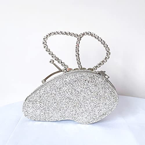 Rejolly Butterfly Clutch Purse for Women Evening Bag PU Leather Glitter Sparkly Crystal Rhinestone Bling Handbag with Chain Strap for Prom Cocktail Party Wedding Silver Glitter