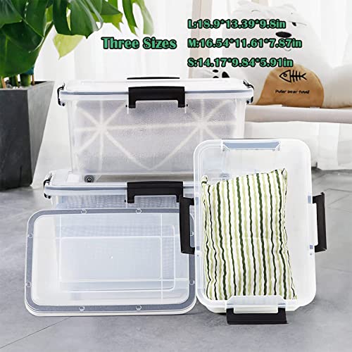 LQDSJTU Plastic Storage Bins Tote Organizing Container with Durable Lid and Seal and Secure Latching Buckles and Wheels，Clear,3 Pack（Three sizes：L-32qt M-19qt S-12qt）