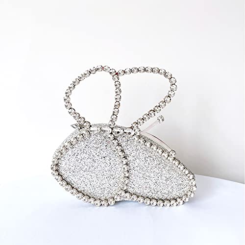 Rejolly Butterfly Clutch Purse for Women Evening Bag PU Leather Glitter Sparkly Crystal Rhinestone Bling Handbag with Chain Strap for Prom Cocktail Party Wedding Silver Glitter