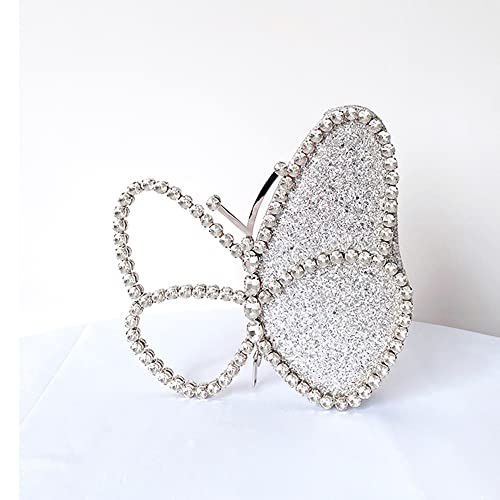Rejolly Butterfly Clutch Purse for Women Evening Bag PU Leather Glitter Sparkly Crystal Rhinestone Bling Handbag with Chain Strap for Prom Cocktail Party Wedding Silver Glitter