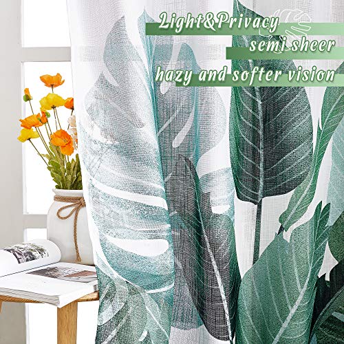 KGORGE Crossweave Sheer Curtains - Tropical Leaves Window Curtains for Bedroom Natural Pattern on White Sheer Backdrops for Dining Room Bathroom Sliding Door, W 50 x L 95 inch, 2 Pcs