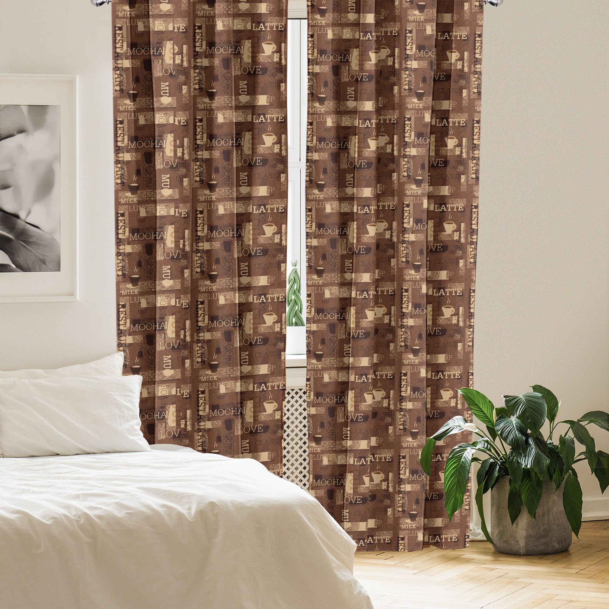 Ambesonne Coffee Window Curtains, Cafeteria Pattern with Hot Mocha Latte Milk Love Typography on Scribble Backdrop, Lightweight Decor 2-Panel Set with Rod Pocket, Pair of - 28" x 84", Beige Brown