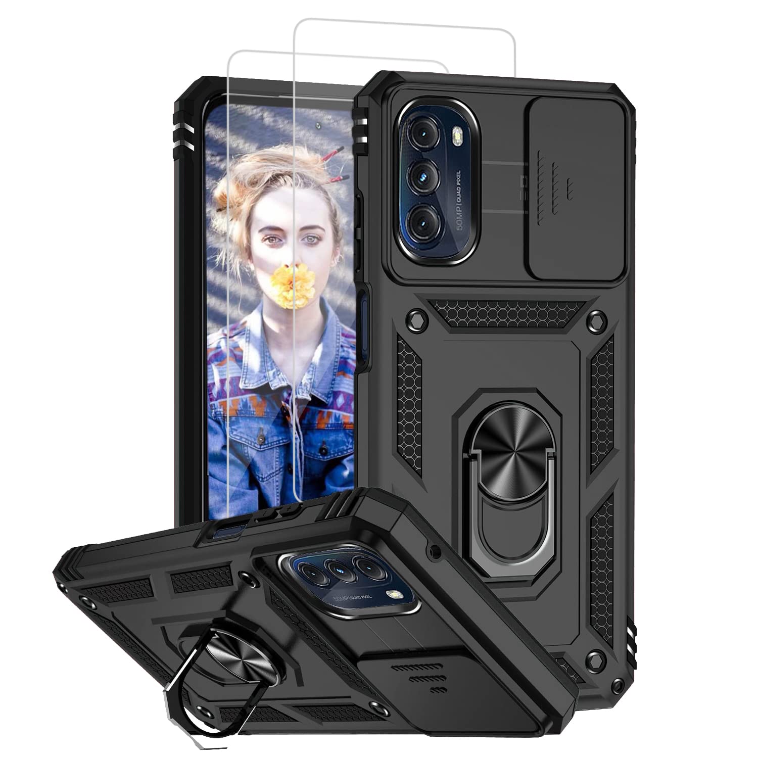 Compatible with Motorola Moto G 5G 2022 Phone Case,[2 Pack] HD Screen Protector.Military Grade Heavy Duty Shockproof Cover Case,Built Camera Protection Cover & Kickstand,for Moto G 5G 2022 Case Black