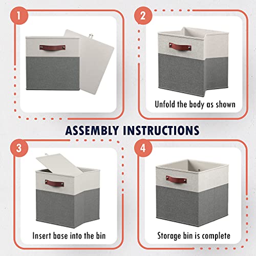 Ornavo Home Foldable Collapsible Storage Box Bins Linen Fabric Shelf Basket Cube Organizer with Leather Handles - Set of 6 - 13 x 13 x 13 - White/Gray