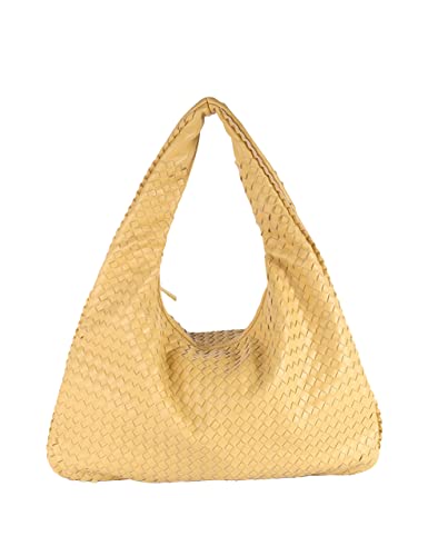 Woven Tote Handbags For Women Large Capacity Vegan Leather Shoulder Top-Handle Travel Shopper Bag Ladies Fashion Underarm Bag Yellow