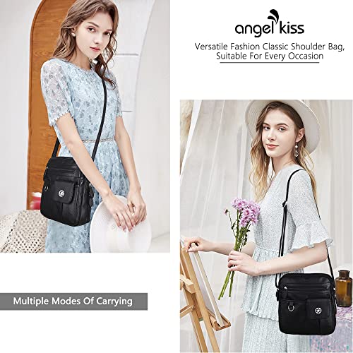 Angel Kiss Vegan Leather Crossbody Bag Women Shoulder Purse Female Multiple Zipper Pockets