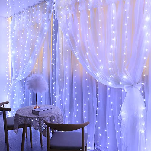 SVNOOC 300LED Fairy Curtain Lights USB Plug in 8 Modes Window Wall String Hanging Lights with Remote for Bedroom, Indoor, Outdoor, Weddings, Christmas, Party Decorations (Fairy White Cold)