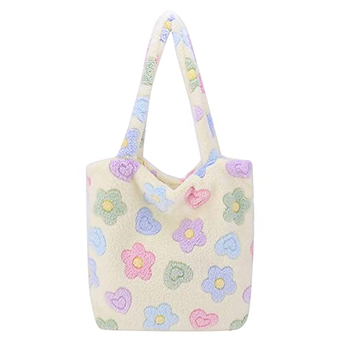 JQWSVE Plush Shoulder Bag Y2K Fluffy Underarm Bag Women Fluffy Tote Bag Flower Plush Bag Autumn Winter Fuzzy Faux Fur Handbag
