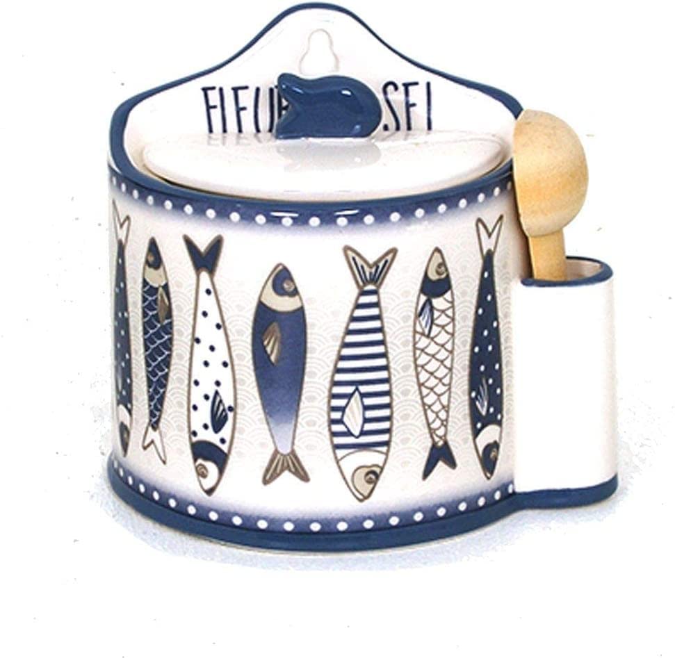 Fleur De Sel Fish Design Ceramic Salt Box with Wooden Spoon