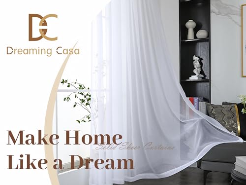Dreaming Casa Solid White Sheer Curtains for Bedroom Rod Pocket Curtains, 4 Panels 52" W x 96" L