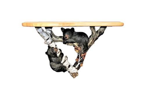 AMAJY Rustic Black Bear Cubs Decorative Wall Sculpture with Wooden Wall Mounted Floating Shelf Cabin Lodge Country Home Decor