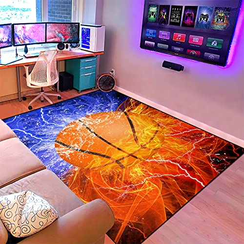 Basketball Carpet for Boys Room Basketball Room Decor Floor Rug Basketball Rug for Boys Bedroom Hipster Basketball Ball on Fire and Water Floor Mat, 3'×5'