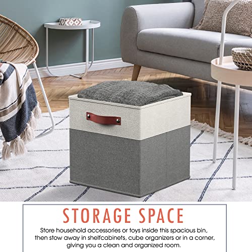 Ornavo Home Foldable Collapsible Storage Box Bins Linen Fabric Shelf Basket Cube Organizer with Leather Handles - Set of 6 - 13 x 13 x 13 - White/Gray
