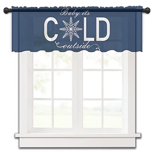 Jacekidy Sheer Valances for Windows, Christmas Valance Curtains Rod Pocket Short Kitchen Valance for Living Room Bedroom Cold Winter Snowflakes Blue Backdrop, 54 x 18 Inch