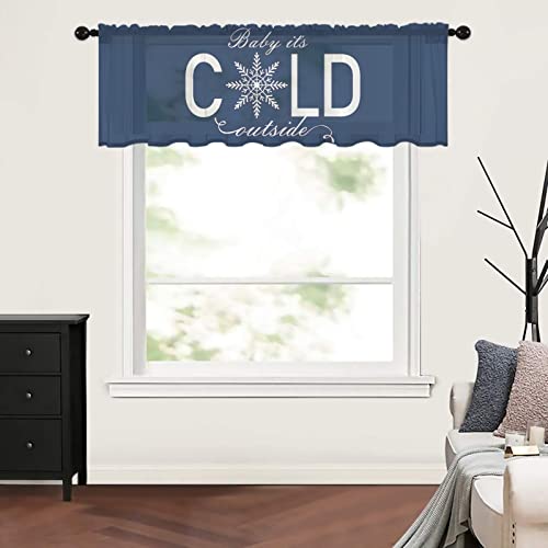 Jacekidy Sheer Valances for Windows, Christmas Valance Curtains Rod Pocket Short Kitchen Valance for Living Room Bedroom Cold Winter Snowflakes Blue Backdrop, 54 x 18 Inch