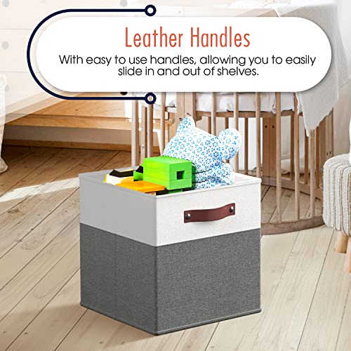 Ornavo Home Foldable Collapsible Storage Box Bins Linen Fabric Shelf Basket Cube Organizer with Leather Handles - Set of 6 - 13 x 13 x 13 - White/Gray